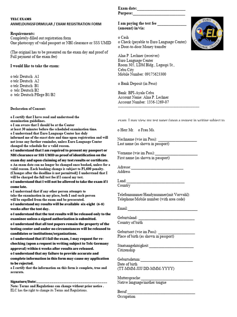 Telc Exam Registration Form | PDF | Career & Growth