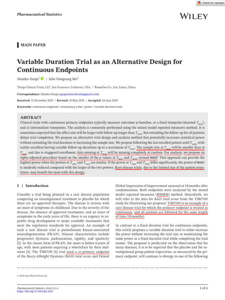Pharmaceutical Statistics - 2024 - Ganju - Variable Duration Trial As An Alternative Design For ...