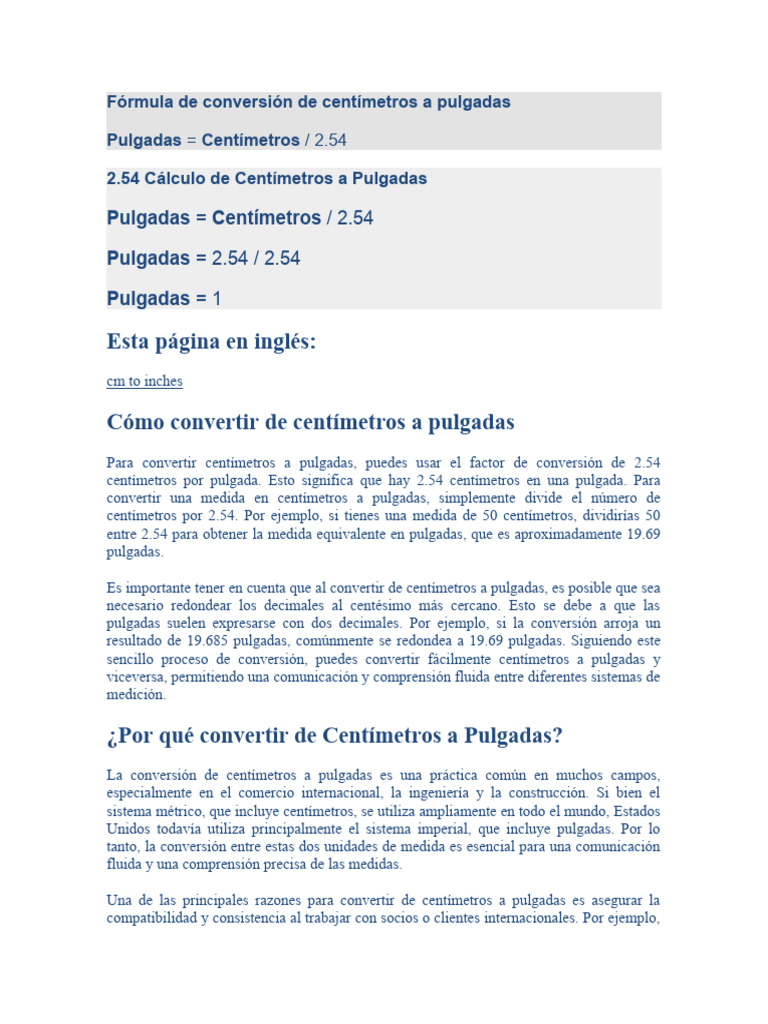 Fórmula de Conversión de Centímetros A Pulgadas | PDF | Pulgada | Longitud
