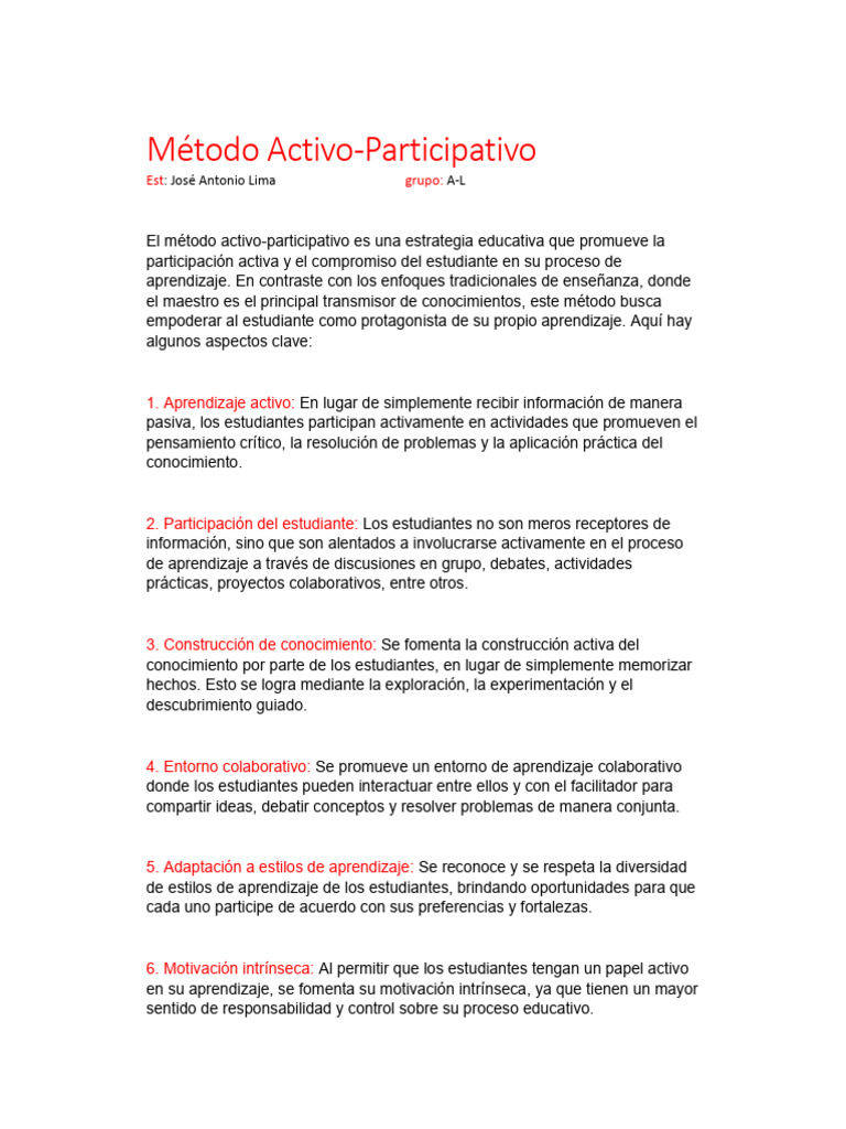 Método Activo-Participativo: Est Grupo | PDF | Aprendizaje | Conocimiento