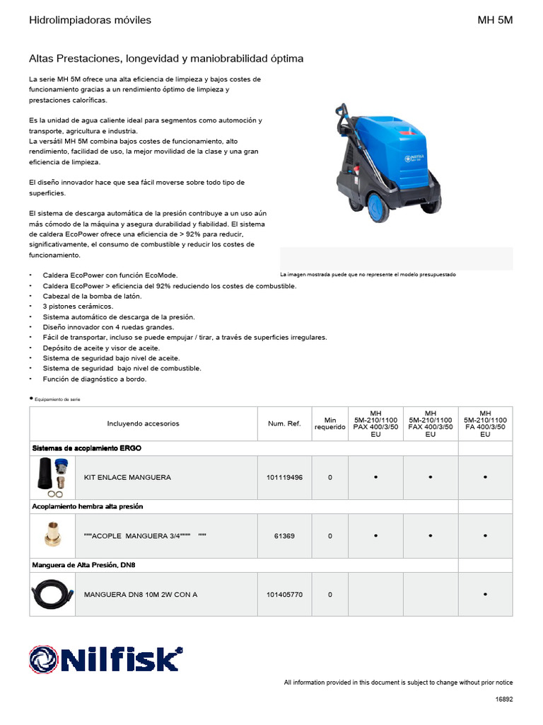 Ficha Técnica Hidrolavadora Nilfisk MH 5M | PDF | Tecnología e ingeniería