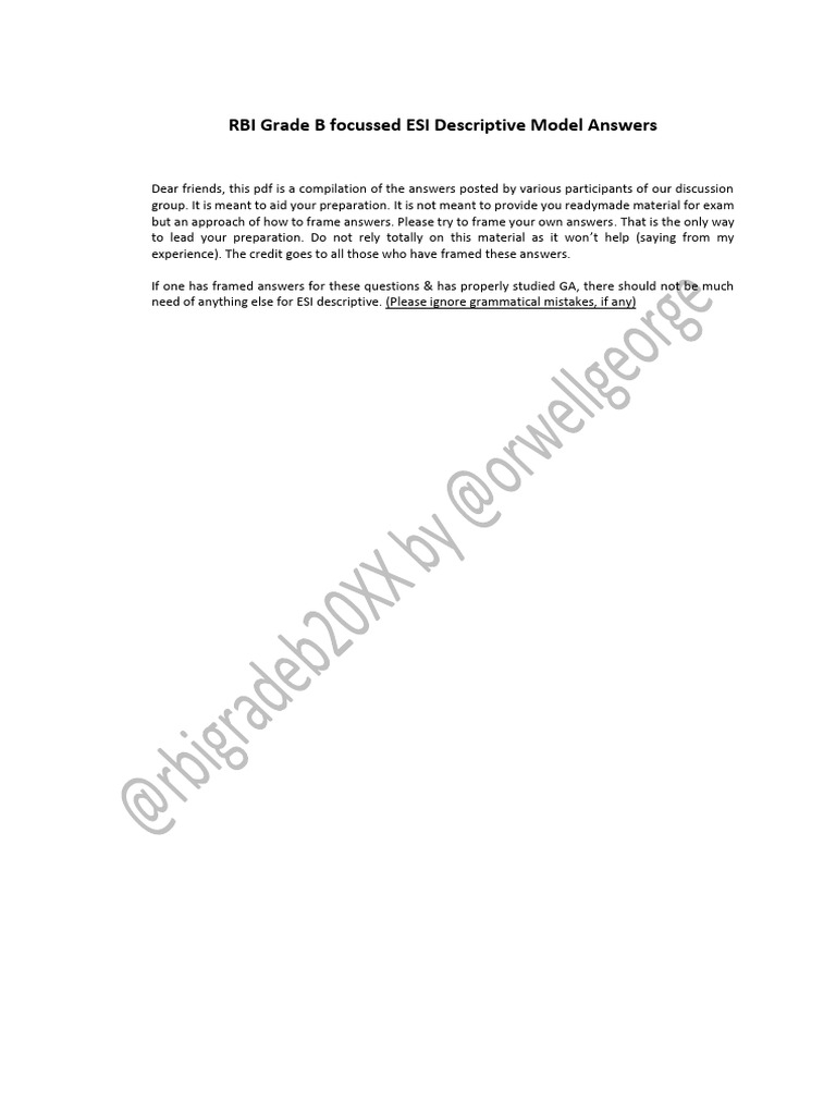 RBI Grade B ESI Model Answers Guide | PDF | Economic Growth | Poverty ...