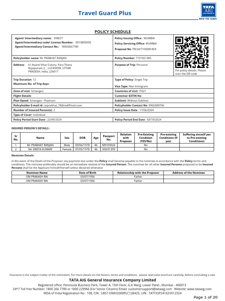 Travel Guard Plus: Policy Schedule | PDF | Insurance | Cheque