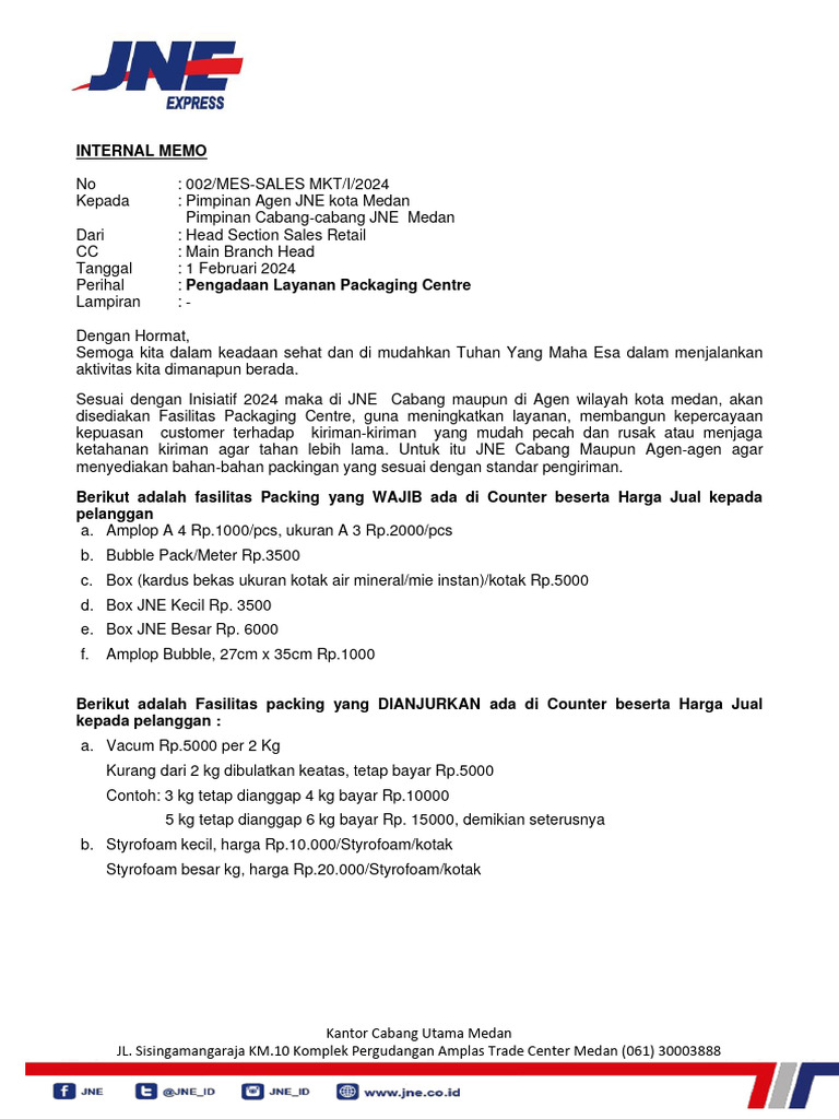 Fasilitas Packaging JNE Medan 2024 | PDF | Pengelolaan Keuangan & Uang ...