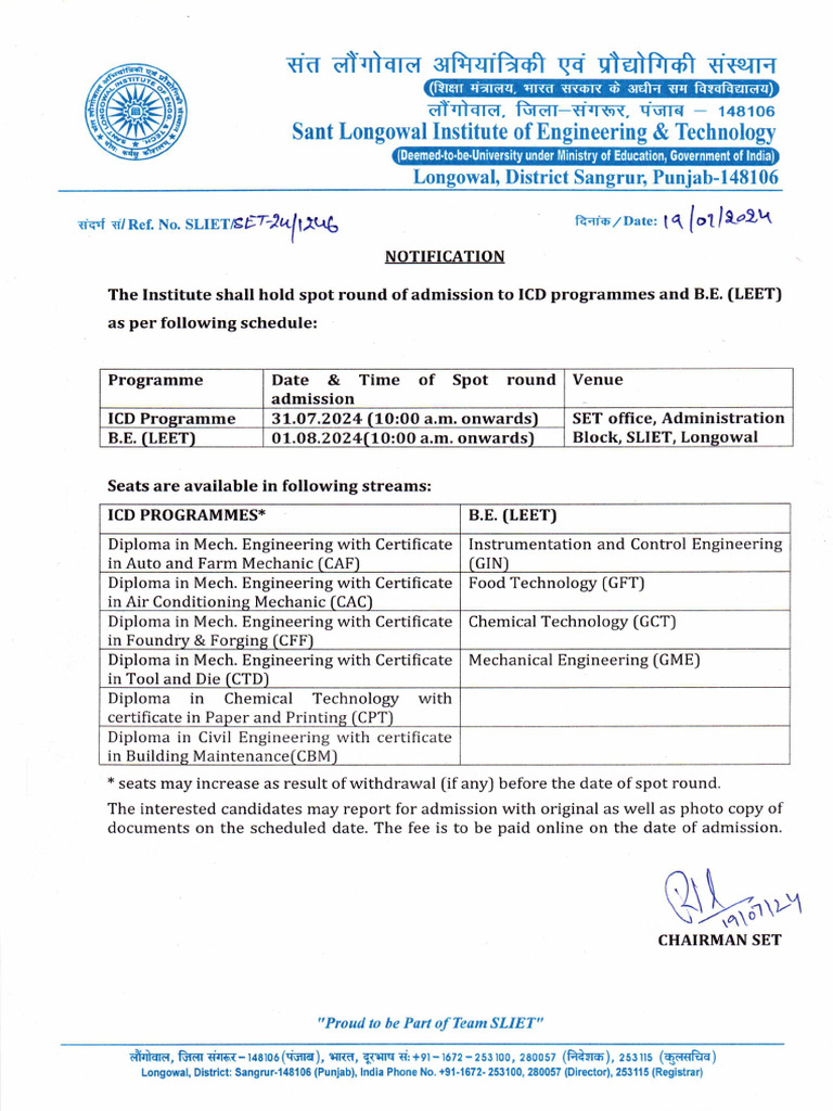 Spot Round Admission To Icd and B.E. (Leet) | PDF