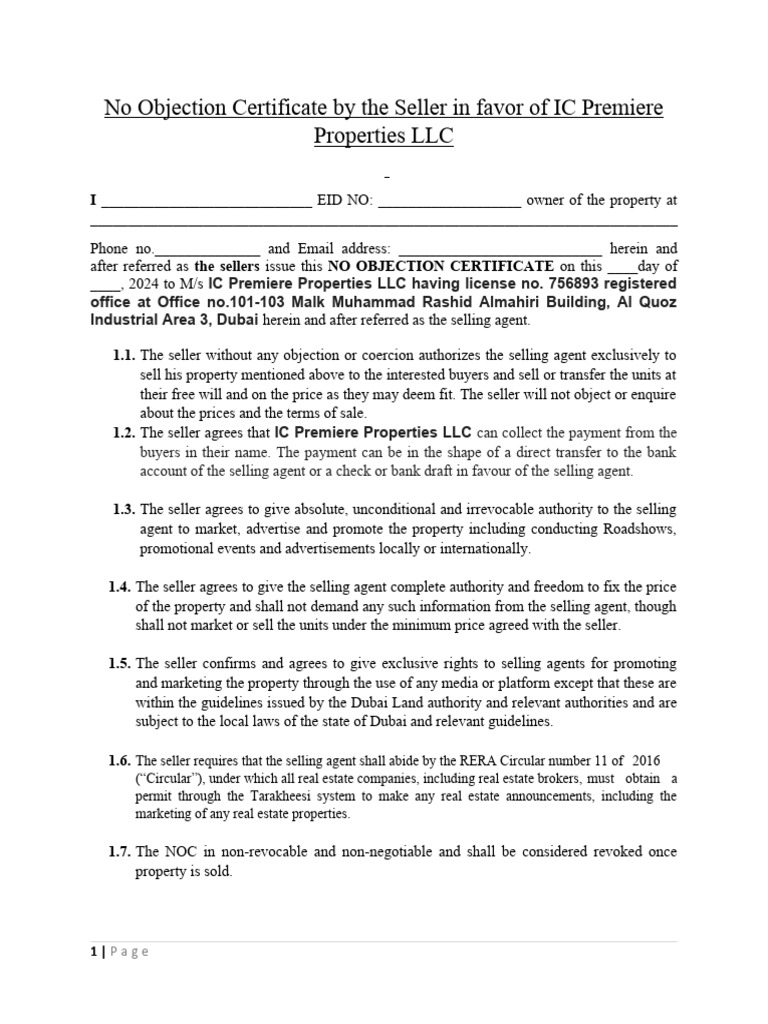 Seller's NOC for Property Sale | PDF | Sales | Business
