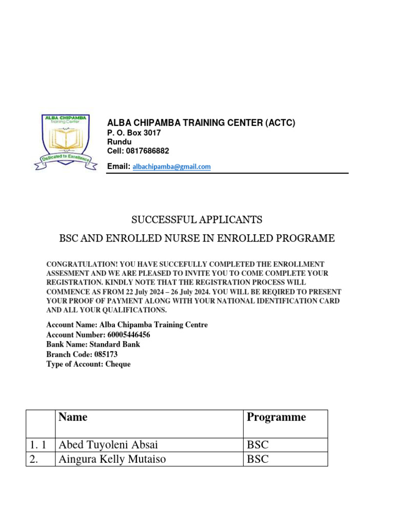 Alba Chipamba Training Center Enrollment | PDF