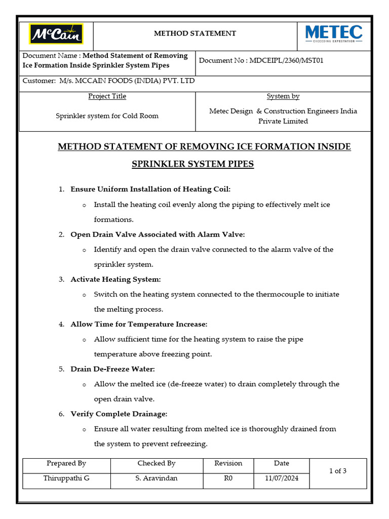 Method Statement | PDF | Fire Sprinkler System | Ice
