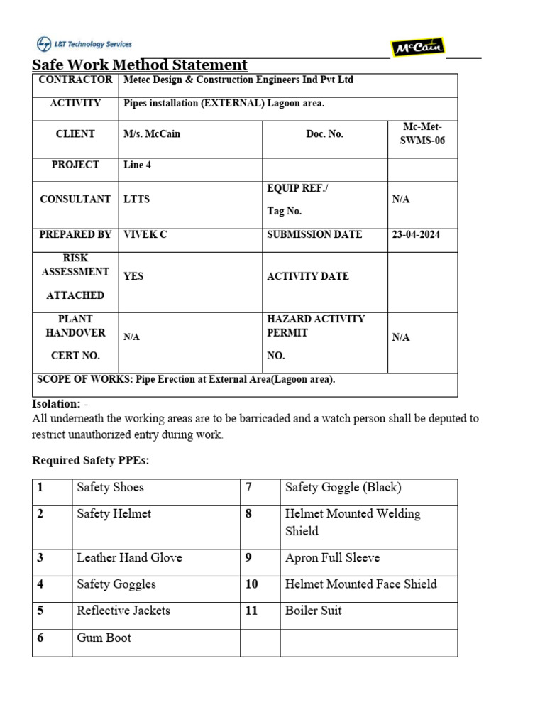 SWMS For Pipes Installation (EXTERNAL POND) .Edited | PDF | Welding ...
