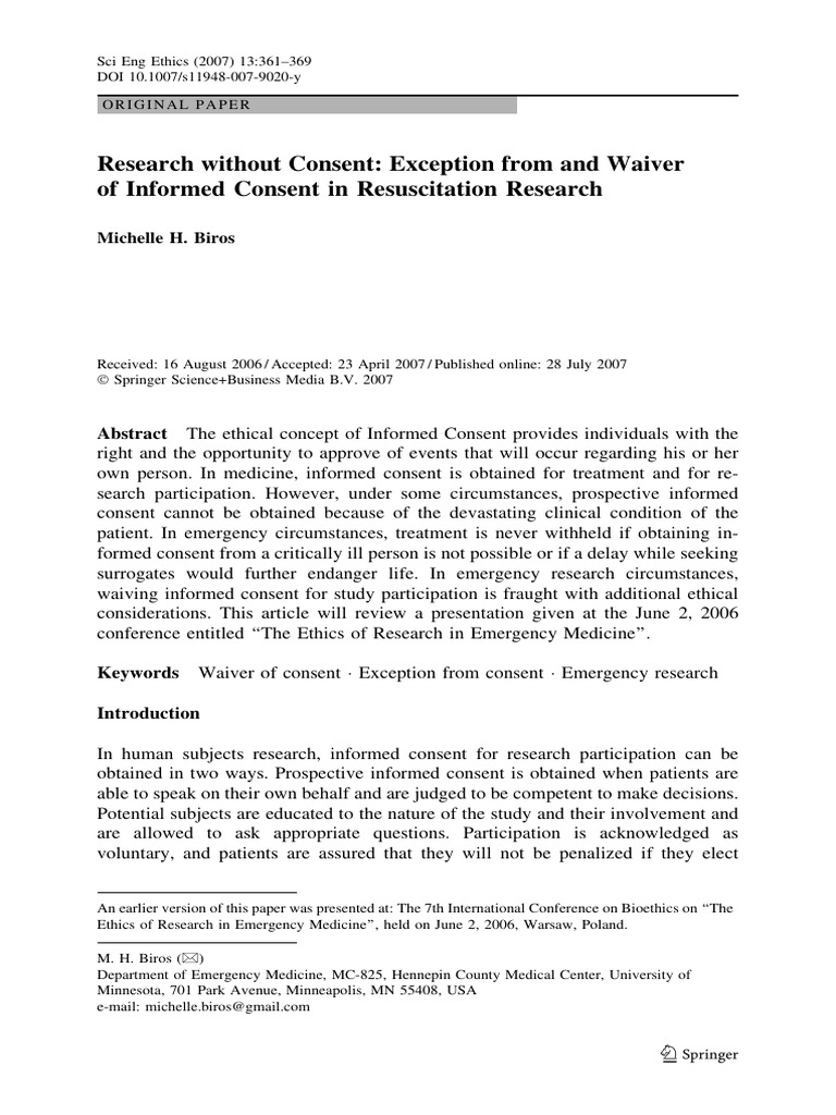 Research Without Consent Exception From | PDF | Informed Consent ...