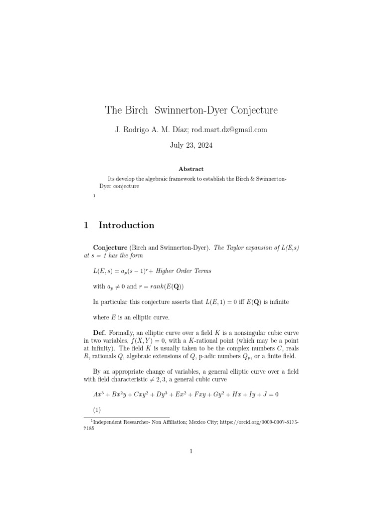 The Birch Swinnerton Dyer Conjecture and The Order of Prime Numbers | PDF | Mathematical ...