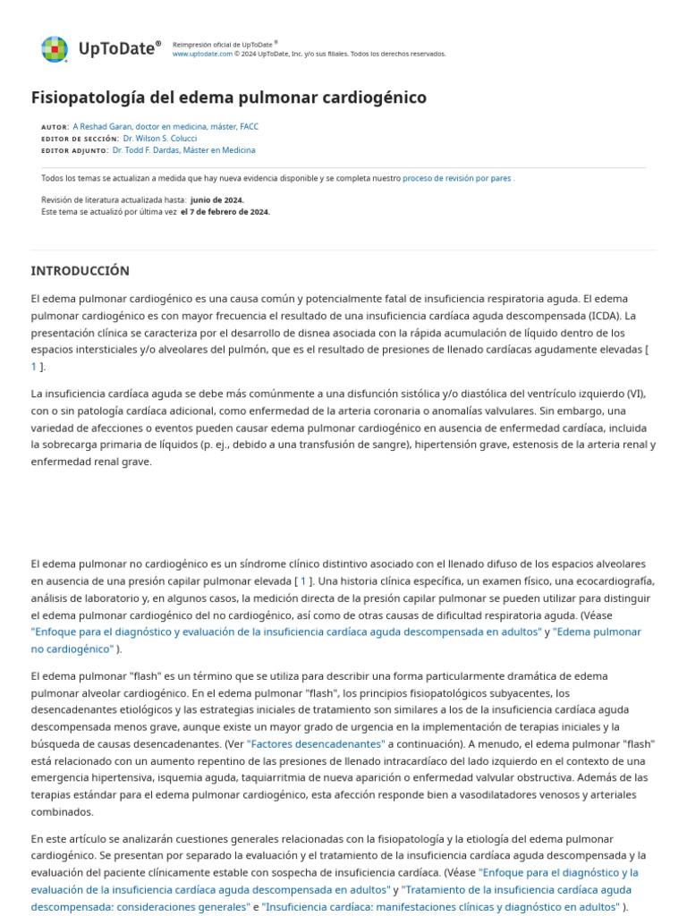 Fisiopatología Del Edema Pulmonar Cardiogénico - UpToDate | PDF ...