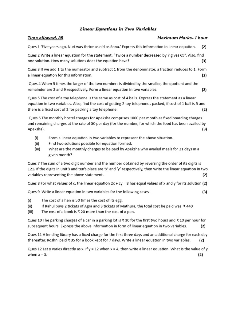 Linear Equation in Two Variables+ Coordinate Geometry (Revision Test ...