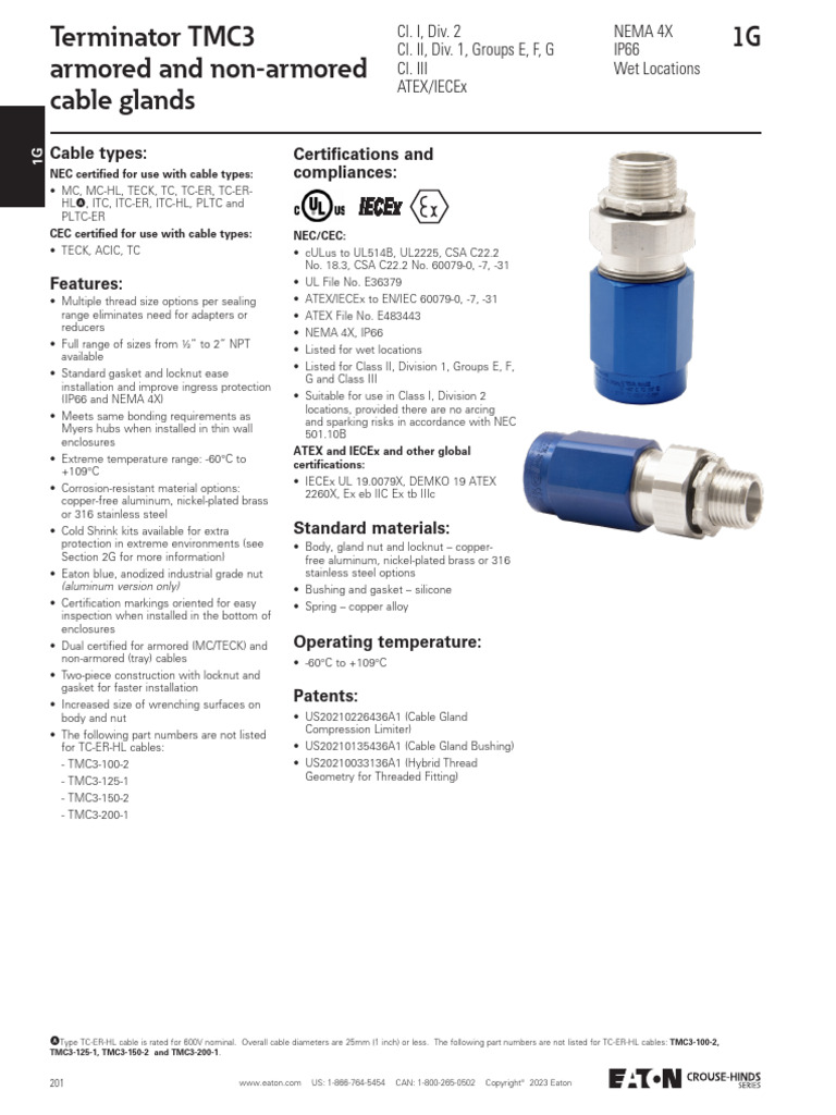 Crouse Hinds tmc3 Cable Glands Catalog Page | PDF | Materials ...
