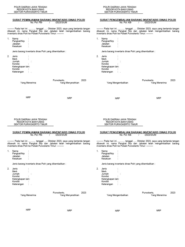 Surat Bon Pinjam Barang Inventaris | PDF
