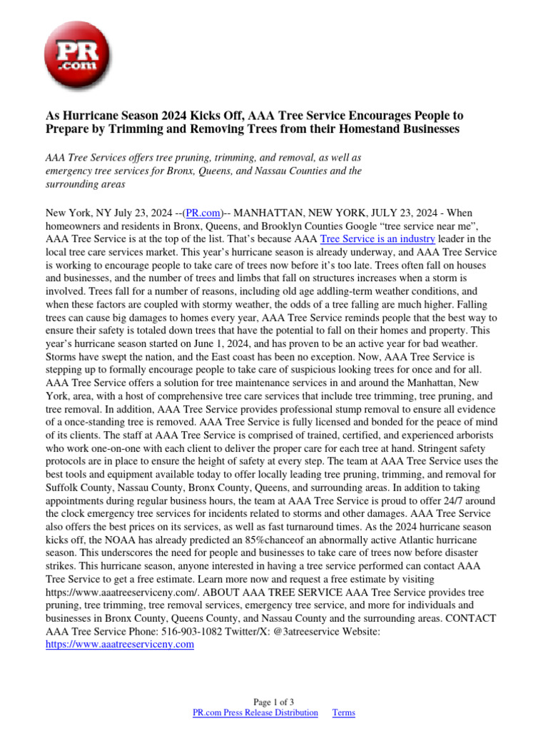 As Hurricane Season 2024 Kicks Off, AAA Tree Service Encourages People To Prepare by Trimming ...