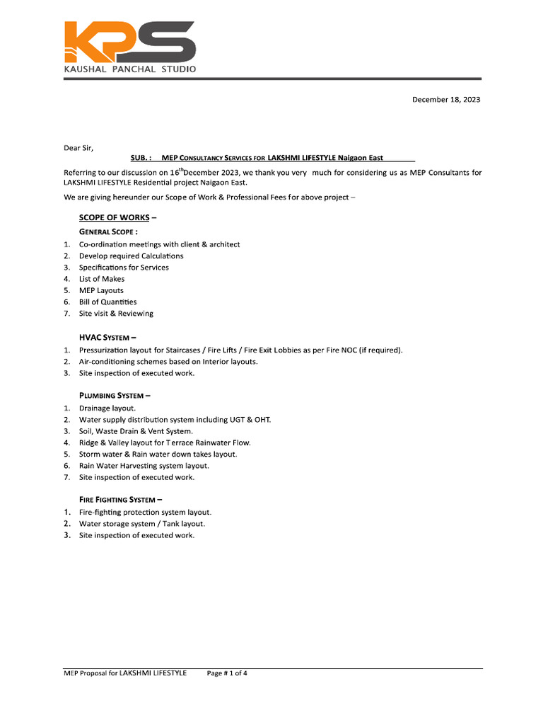 Residential Building - MEP Proposal R0 18-12-2023 by KPS | PDF