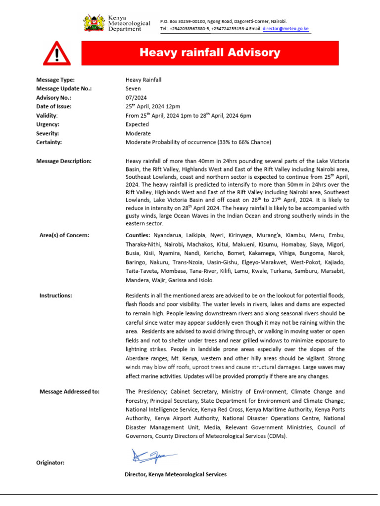 Heavy Rainfall Advisory for Nairobi Area | PDF | Flood | Tropics
