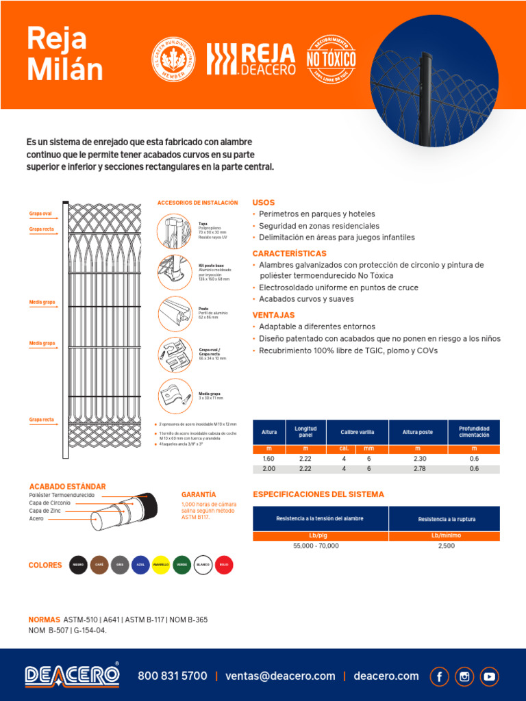 Reja Milan Deacero Ficha Tecnica | PDF | Materiales