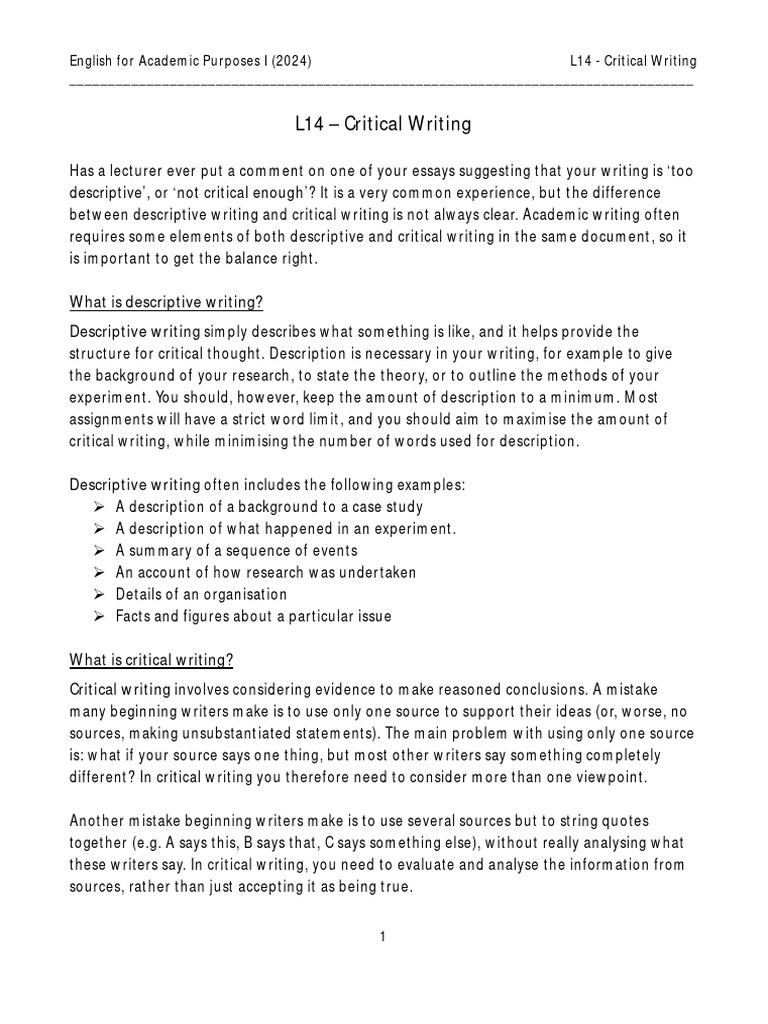 L14 Critical Writing | PDF | Thought
