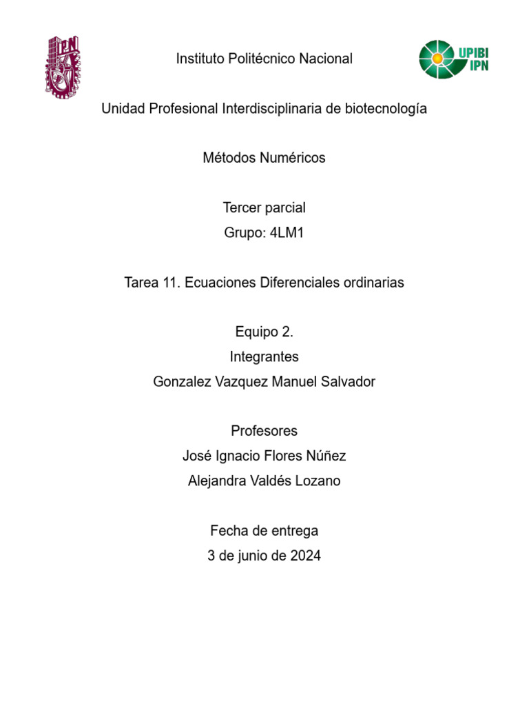 Tarea11 GVMS 4LM1 | PDF | Ecuación diferencial ordinaria | Análisis numérico