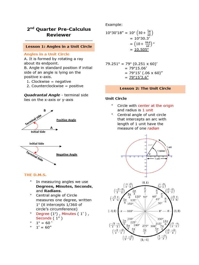 Precal Reviewer | PDF | Trigonometric Functions | Angle