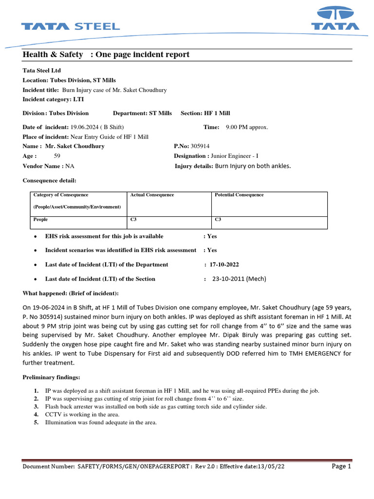 LTI of A Company Employee | PDF | Hazards | Occupational Safety And Health