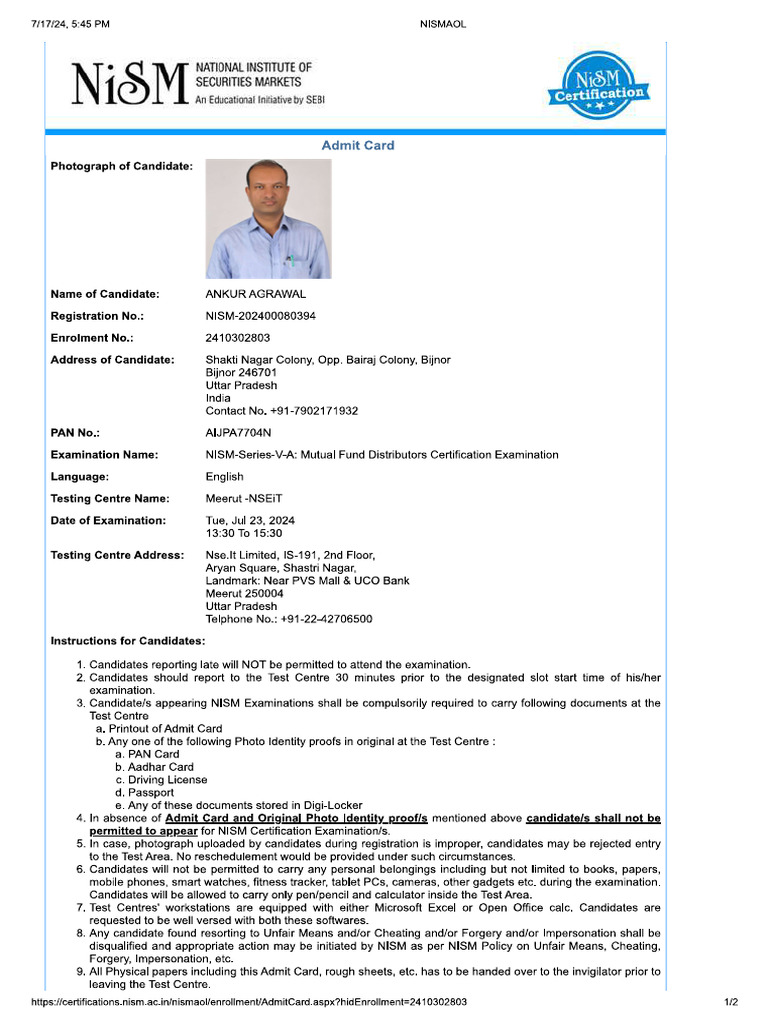 NISM Admit Card | PDF