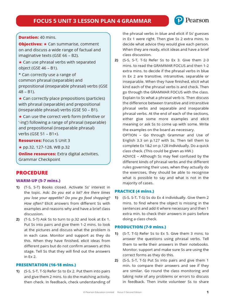 Focus5 2E LessonPlans U03 Lesson4 Grammar | PDF | Verb | Syntactic Relationships
