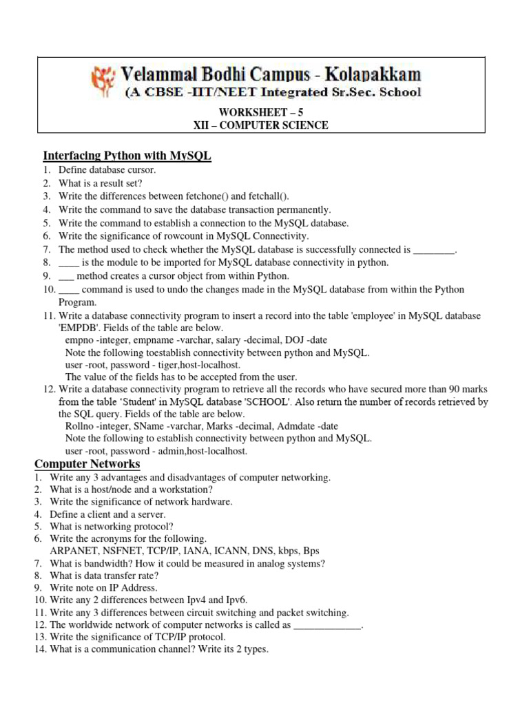 XII CS DBMS & SQL Connectivity & Networking-Worksheet | PDF | Databases ...