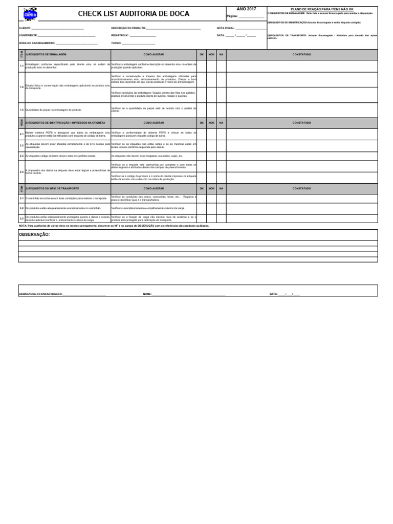 Check List Auditoria de Doca | PDF | Embalagem e rotulagem