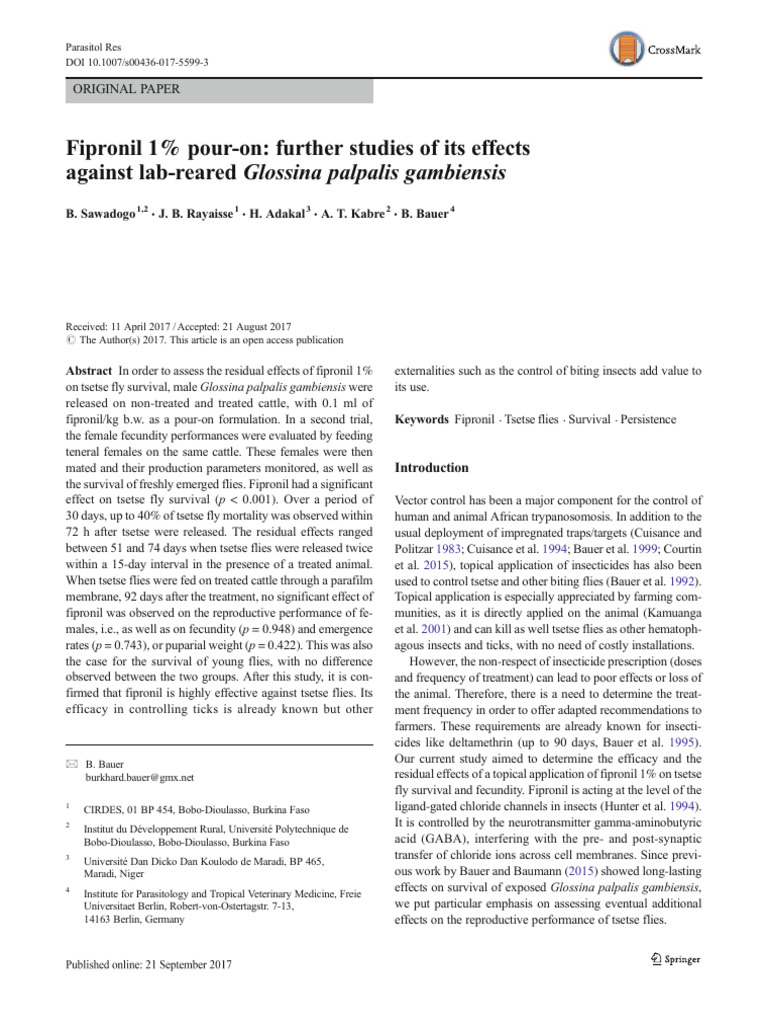 Sawadogo Et Al-2017-Parasitology Research-1 | PDF | Insects | Insects And Humans