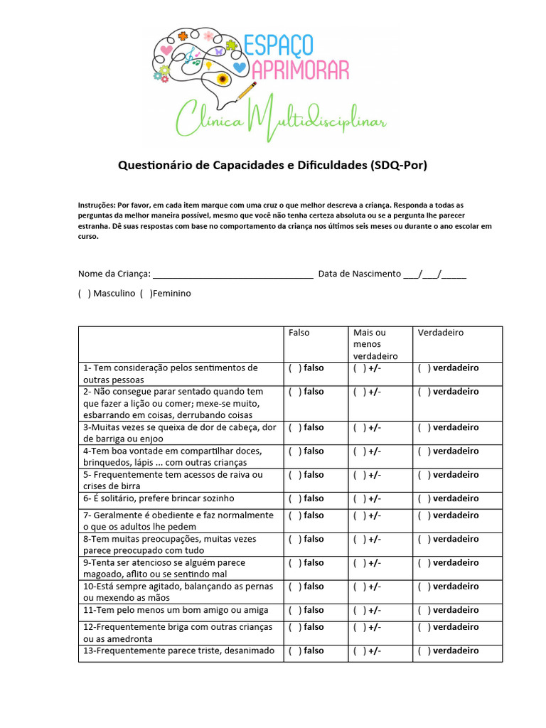 SDQ-Por - Questionário de Capacidades e Dificuldades | PDF