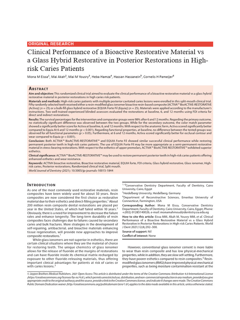 Clinical Performance of A Bioactive Restorative Material Vs A Glass ...