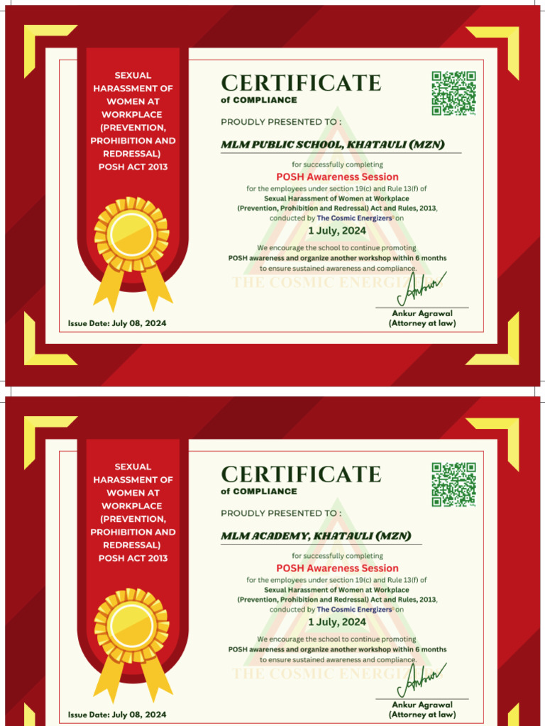 POSH Compliance Certificate Schools | PDF