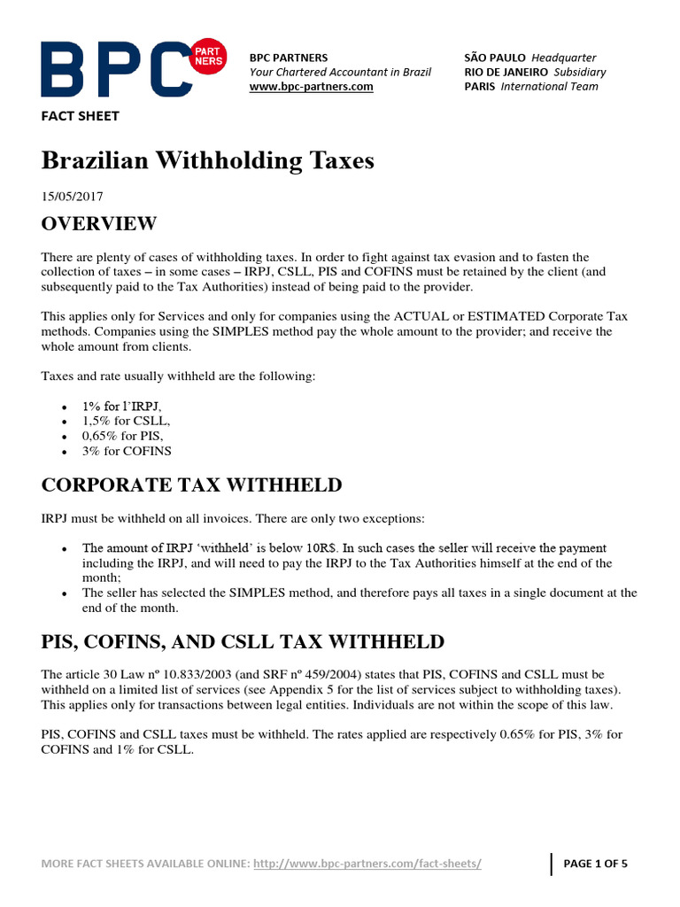 BPC Partners Brazilian Withholding Taxes | PDF | Taxes | Business