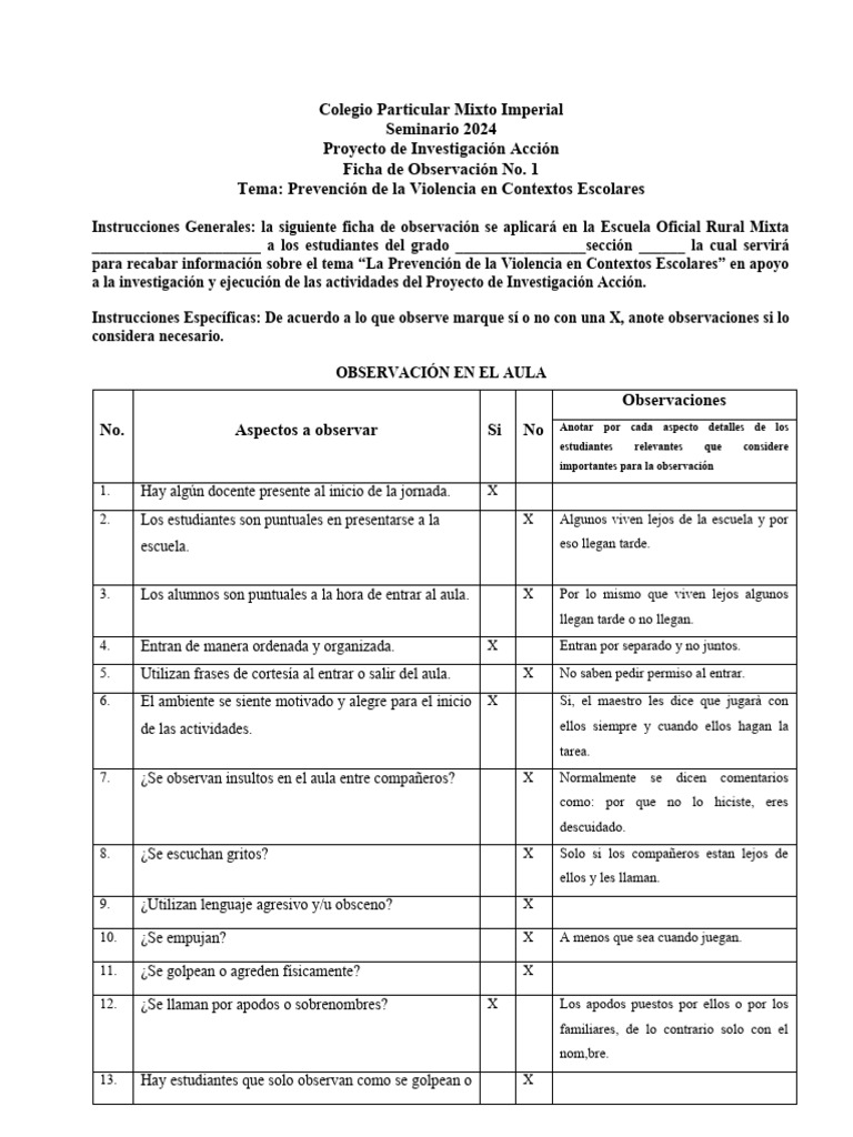 Hojas de Observacion 2024 ESCUELA | PDF | Salón de clases | Maestros