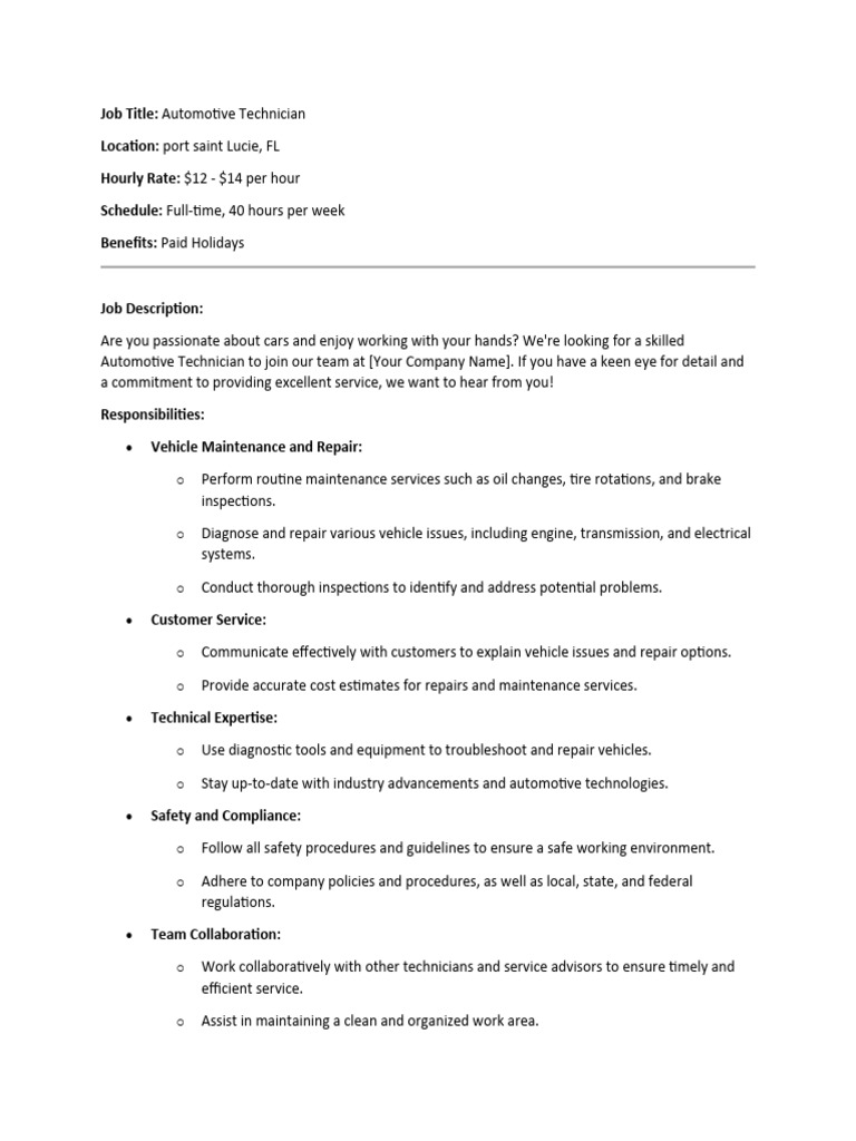 Technician Job Description | PDF | Auto Mechanic | Vehicles