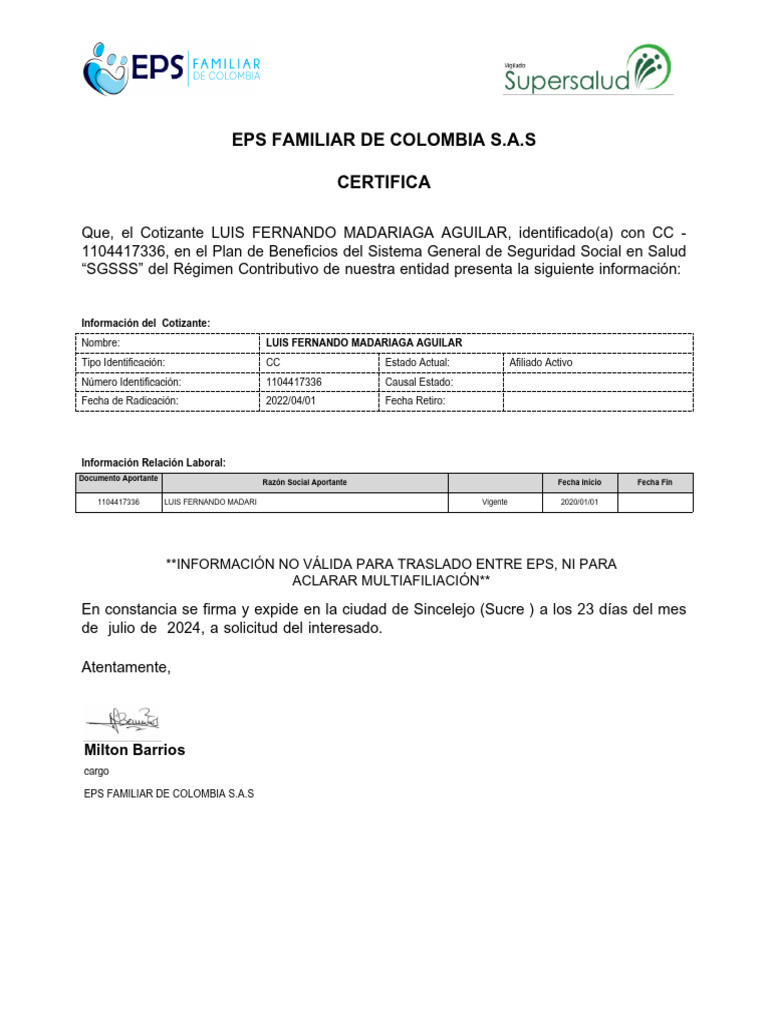 Eps Familiar de Colombia S.A.S Certifica: 2 3 Julio 4 | PDF
