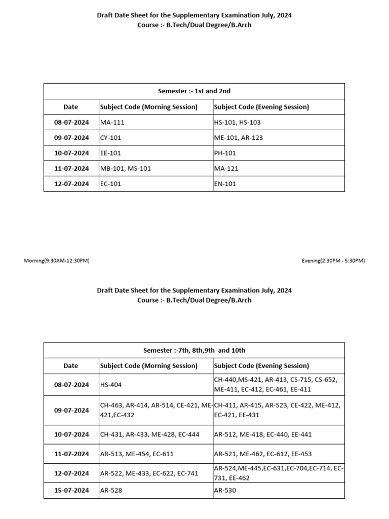 Draft Date Sheet For Supplementary Examination, July 2024 | PDF ...