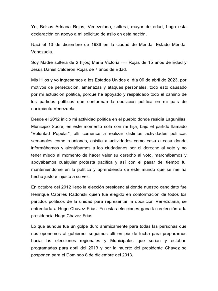 Declaración de Asilo de Belsus Rojas | PDF | Venezuela | Hugo Chavez