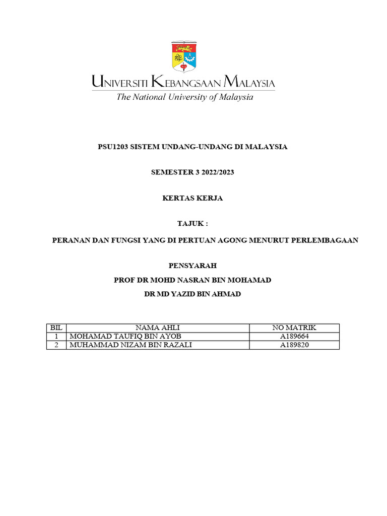 Psu1203 Sistem Undang Undang Di Malaysia (Peranan Dan Fungsi Yang Di ...