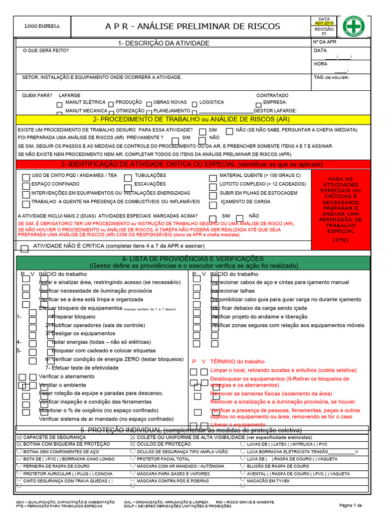 A P R Analise Preliminar de Riscos Prencher | PDF