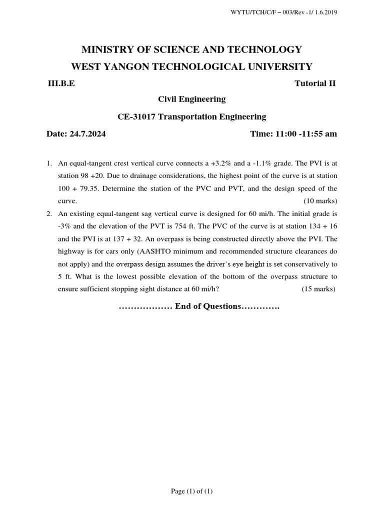 WYTU Transportation Engineering Tutorial | PDF | Science & Mathematics ...