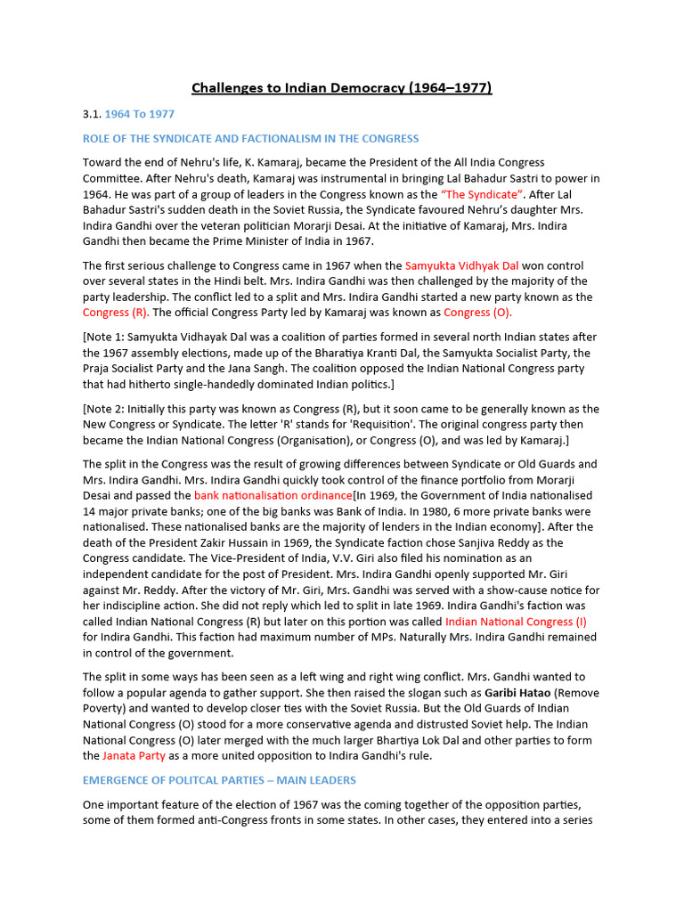 Challenges To Indian Democracy Student Notes | PDF | Politics Of India