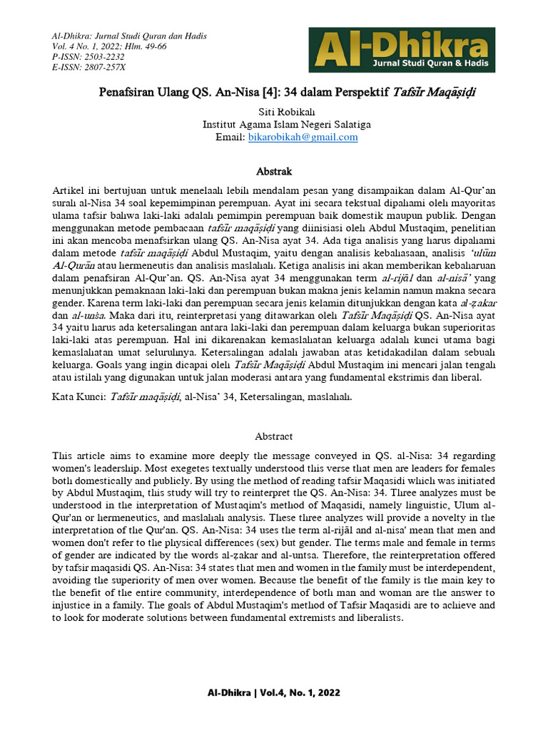 Penafsiran Ulang QS. An-Nisa (4) : 34 Dalam Perspektif: Tafsi R Maqa S) Id) I | PDF