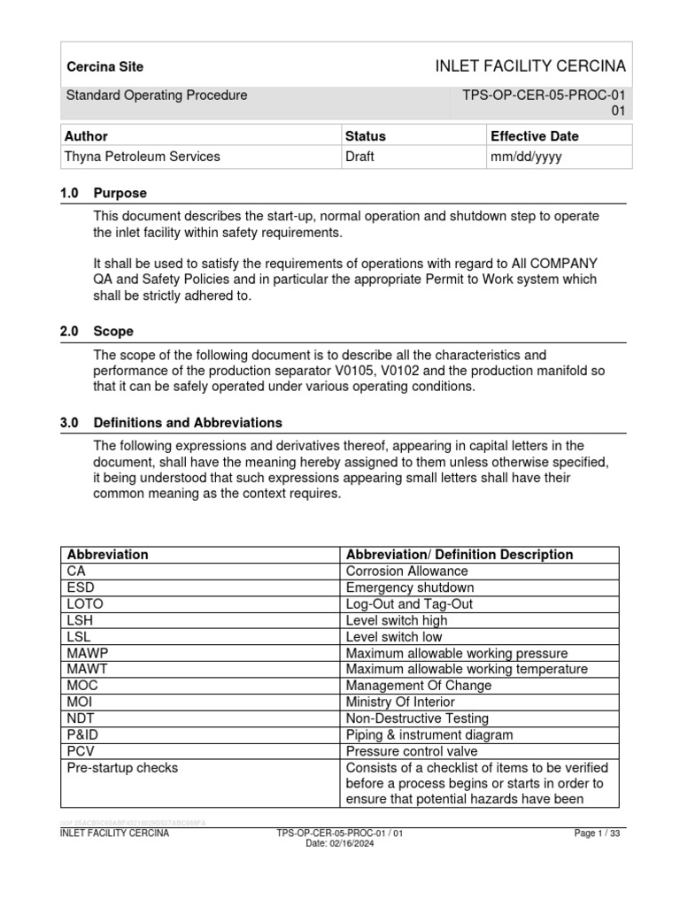 Inlet Facility Cercina Sop | PDF | Valve | Gases