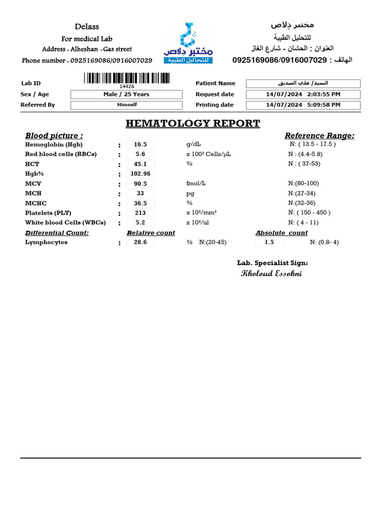 Hematology Report: Male, Age 25 | PDF