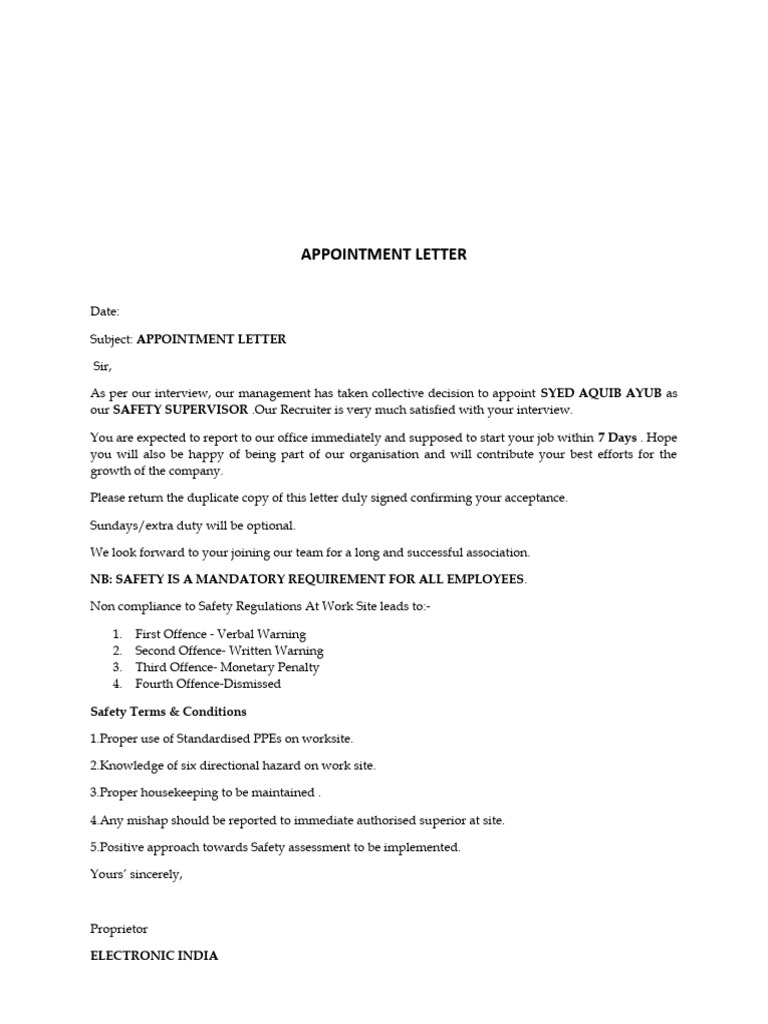 Appointment Letter 1 | PDF | Occupational Safety And Health | Workplace