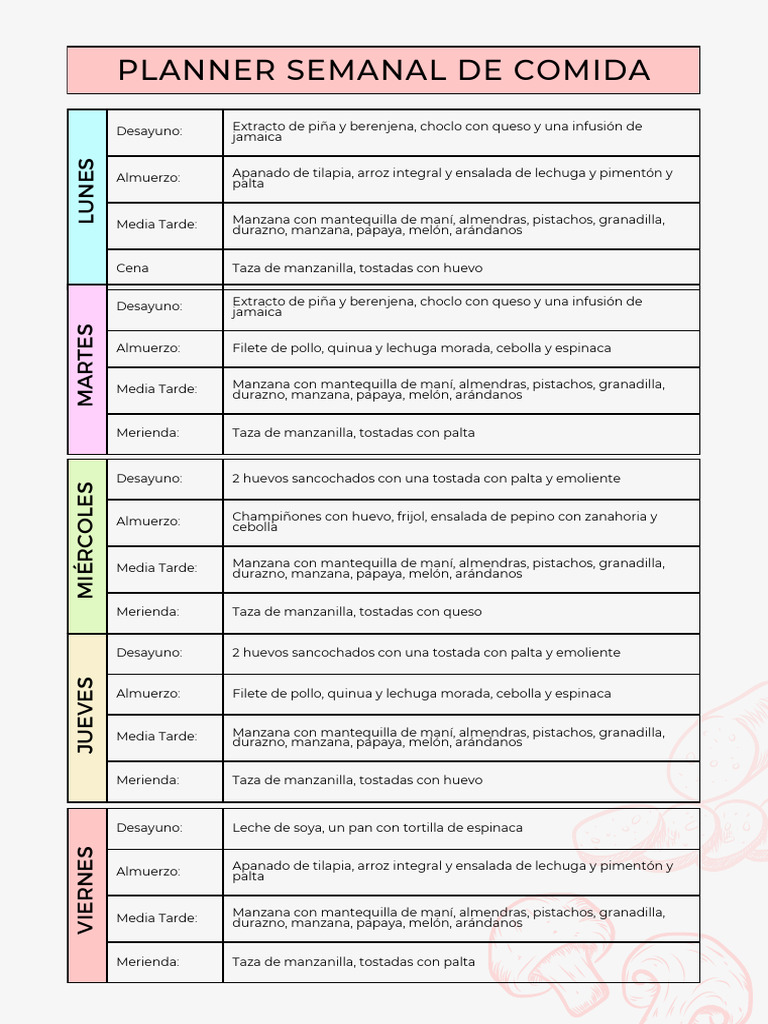 Documento A4 Planner Semanal de Comida Simple Colorido | Descargar gratis PDF | Almuerzo | ensalada
